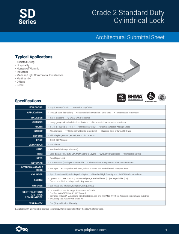SD Series Grade 2 Cylindrical Lock | PDQ Locks